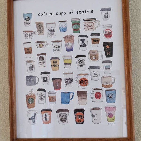 Coffee Cups of Seattle | Art Print of Original Watercolor Painting - Etsy