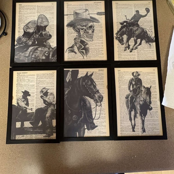 Set of 7 Cowboy Decor Dictionary Prints, Cowboy Poster, Black and White ...