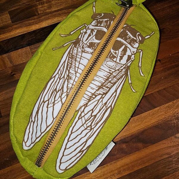 Cicada Zipper Pouch: Hand Screenprinted Cotton Canvas Pencil Bug Insect ...