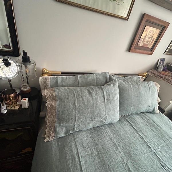 Pink Striped DUST RUFFLE in Stonewashed Linen. Shabby Chic Farmhouse ...