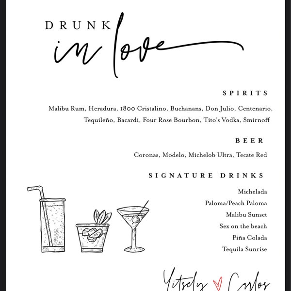 Minimalist Bar Menu Sign, Drunk in Love, Printable Alcohol Wedding ...