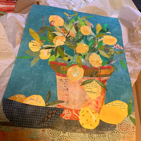 Whimsical Collage Flower Pot Still Life Fine Art Wall Decor Print for ...