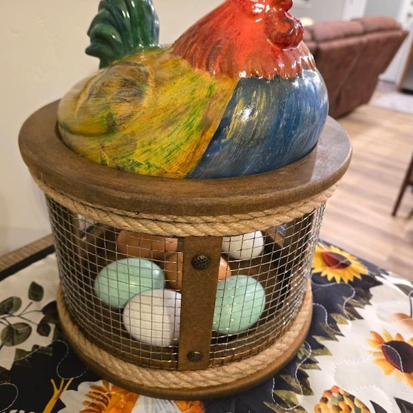 Ceramic Chicken Egg Holder, Farmhouse Egg Basket, Rustic Style Wooden ...