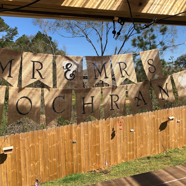 MR and MRS WEDDING Burlap Banner, Rustic Style Banner, Personalized ...