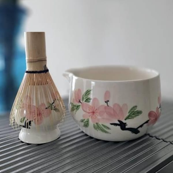 Green Ceramic Matcha Bowl Set With Spout Bamboo Whisk and Chasen Holder ...