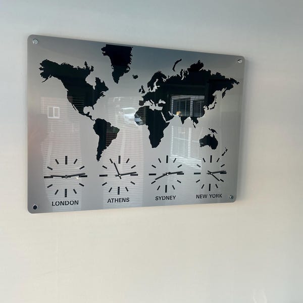 Silver Acrylic World Map Timezone Wall Clock - Etsy