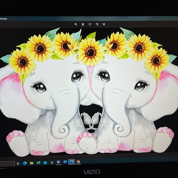 Twin Elephants Sunflower, Pink Yellow Two Baby Girl Elephant for a Twin ...