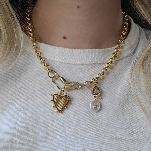 Gold Heart Charm and Pearl Necklace |statement Rolo |paperclip and ...