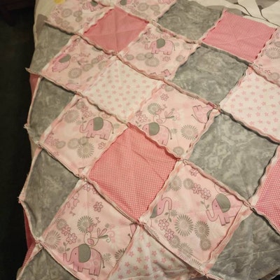 Pink Elephant Baby Rag Quilt Kit, 72 Pre Cut 7 Flannel Square Blocks ...