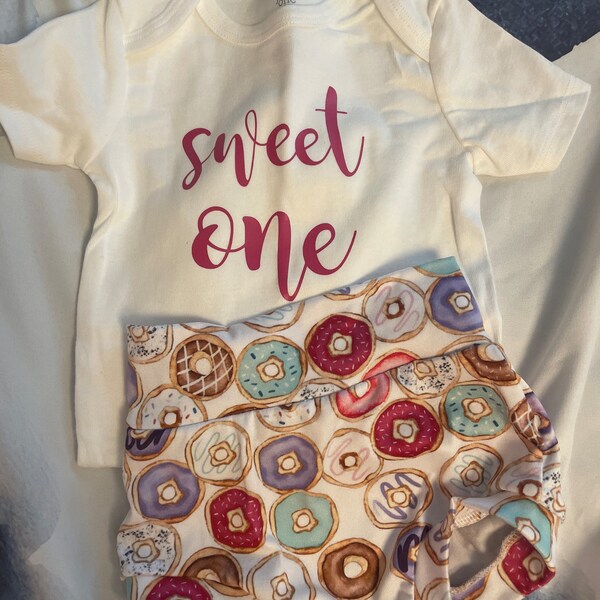 First Birthday Donut Baby Bummies Set, Sweet One Baby Girl Bummies and Bow, Birthday Baby ...