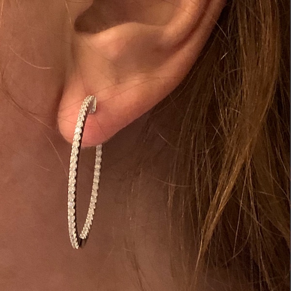 Silver 925 Oval Inside Out White CZ Earring, Silver 925 Cz Oval Hoop ...