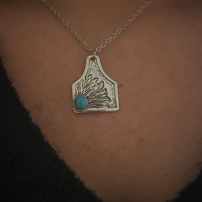 Western Stamped Sunflower and Faux Turquoise Pendant Charm Cow Tag ...