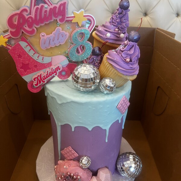 Roller Skating Cake Topper, Rolling Into Cake Topper, Groovy Roll Cake ...