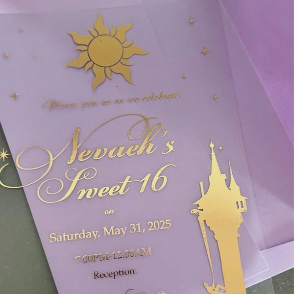 Rapunzel Quinceanera Invitation: Gold Crown, Lilac Envelope, Sweet 16 ...