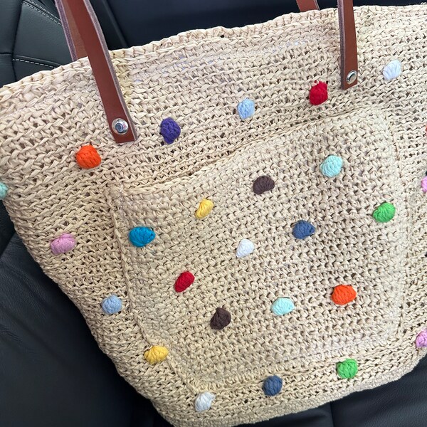 Straw Beach Bag Large Raffia Beach Tote Dotted Beach Bag Crochet Raffia ...
