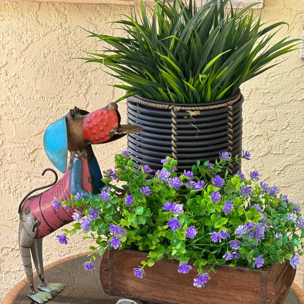 Cute Metal & Wood Dog Wheel Barrow Planter Recycled Metal Brick Mold ...