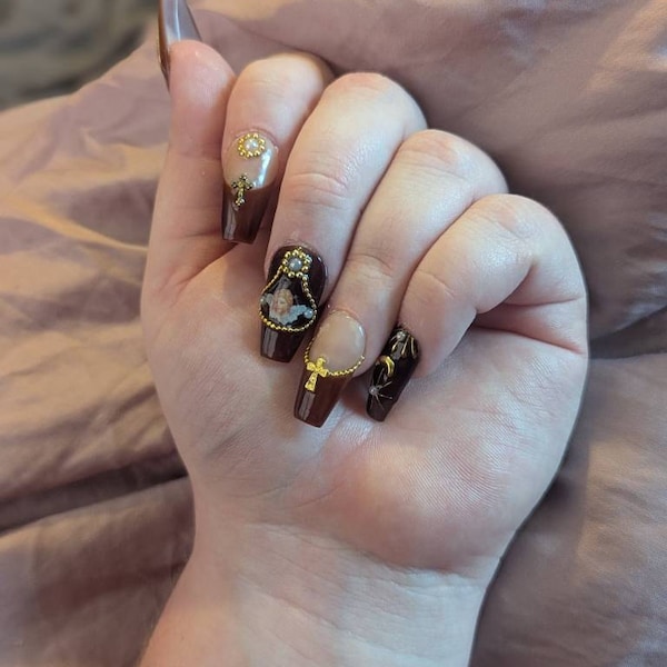 Gothic Press-on Nails - Deep Red and Black With Gold Crosses, Pearls ...