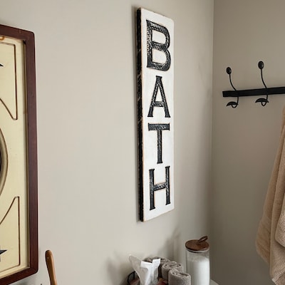 Bath Sign Vertical Carved in a 32x8 Solid Wood Board Rustic Distressed ...