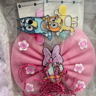 Bluey and Bingo Hair Clips, Blue and Organge Dog Ear Pigtail Bow Set ...