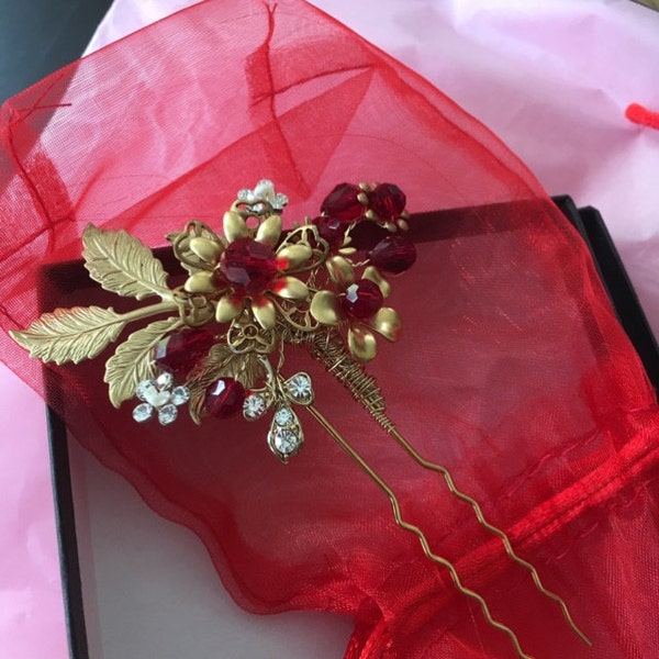 Red and Gold Hair Pin With Swarovski Crystals • Modern Tea Ceremony ...