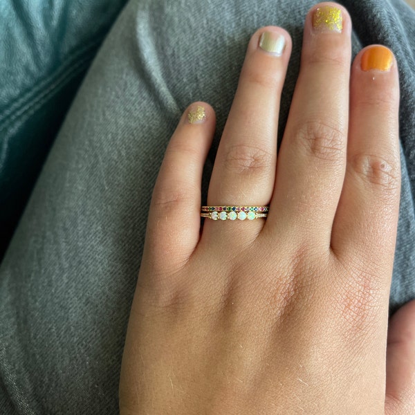 Dainty Opal Ring, Opal Stacking Ring, White Opal and CZ Ring, Gold Opal Ring, Sterling Silver ...