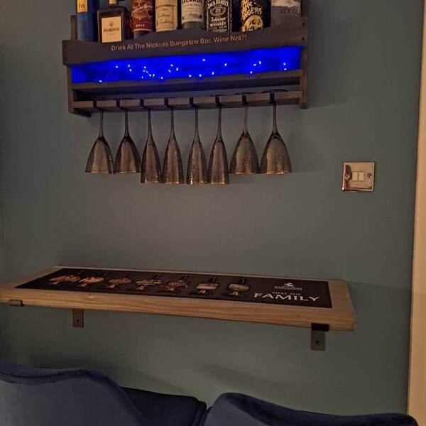 Personalised Wooden Rum Whisky Bottle Shelf and Tumbler Holder Black ...