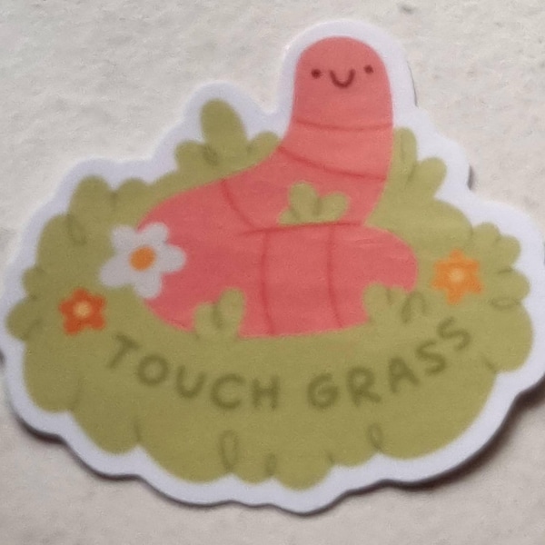 Touch Grass - Glossy Die Cut Cute Pink Worm Stickers, Funny Delulu is ...