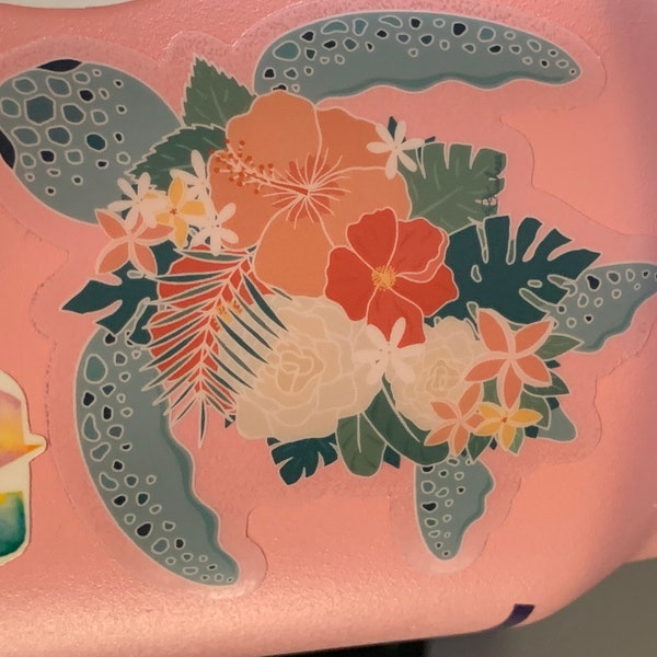 Sea Turtle With Flowers Clear Vinyl Sticker || Ocean Stickers Surf ...
