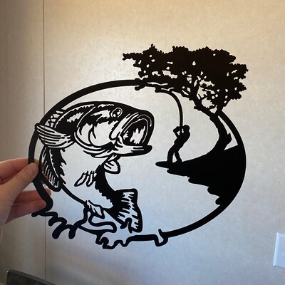 Large Mouth Bass Fishing Scene Metal Sign Cutout Fisherman and Bass ...