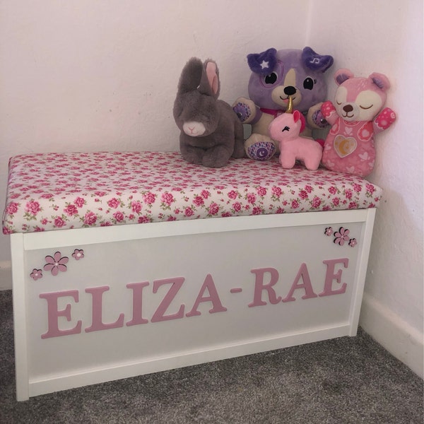 Wooden Personalised Toy Box With Safari Cushion Seat, Soft Close Hinge ...