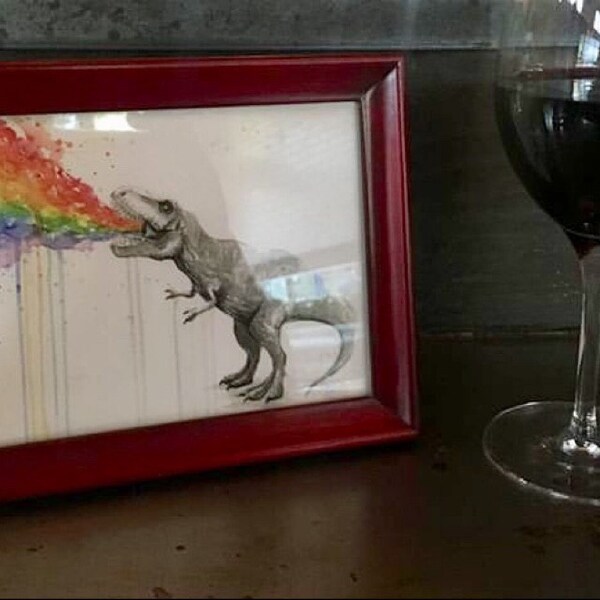 T-rex Rainbow Puke Art Print T-rex Vomit Funny Colorful Whimsical ...