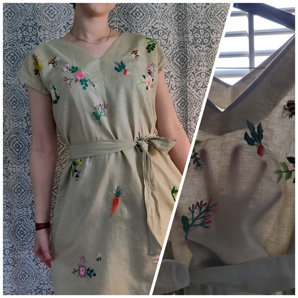 White Linen Dress With Hand Embroidered Flower Pattern, Linen Dress for ...