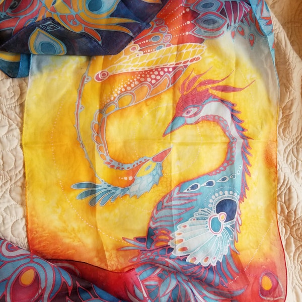 Phoenix Silk Scarf With Birds in Art Nouveau Style, Yin Yang Gift, Hand ...