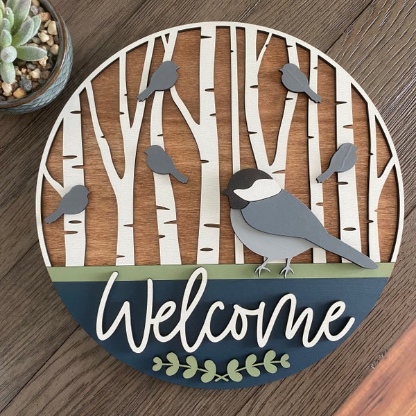 Birch Trees and Birds Welcome Sign, DIGITAL Download, Round Door Hanger ...