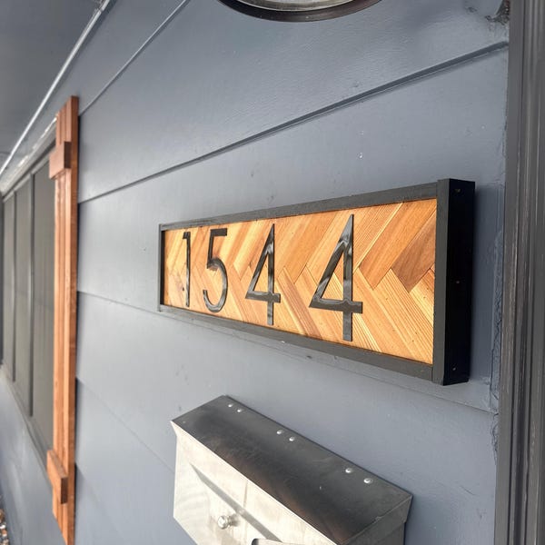 Handcrafted Cedar Address Sign: Modern Herringbone House Number Plaque ...