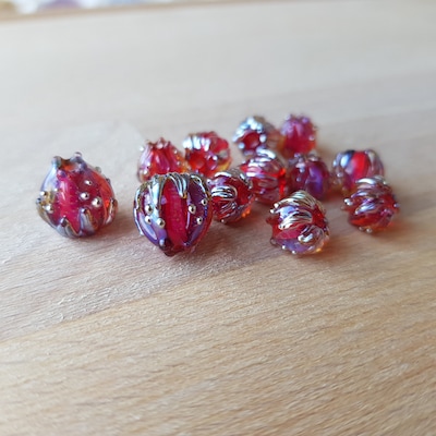 Fuchsia Red Gold Flower Beads, 10mm Flower Beads, Flower Glass Beads ...