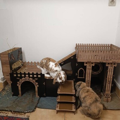 Bunny Castle With Twin Closed Towers, Oak Black Rabbit Palace With Two ...