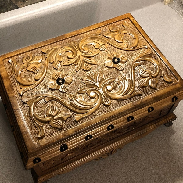 Secret Lock Wooden Box, Carved Wooden Chest, Wooden Locking Box, Wooden ...