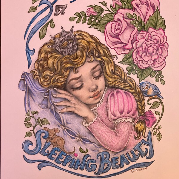 Sleeping Beauty Princess Coloring Page GRAYSCALE Illustration Instant ...