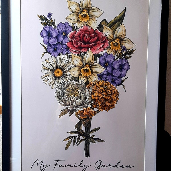 Birth Flower Family Bouquet, Birth Month Flower Art Custom, Hand Drawn ...