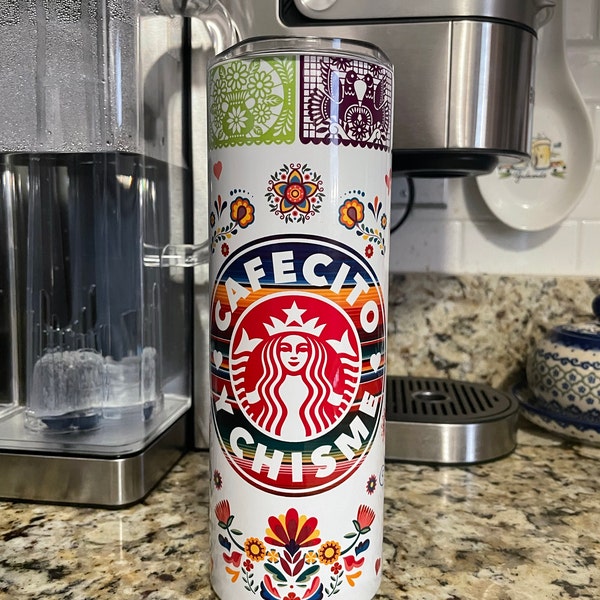 Cafecito Y Chisme 20oz Skinny Tumbler Colorful Mexican Theme Banner ...