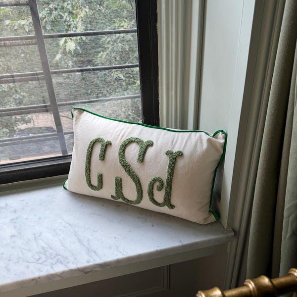 Monogram Embroidered Pillow, Initial Punch Needle Pillow, Custom Lumbar ...
