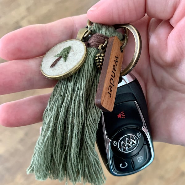 Wander Keychain, Explore Hike Tassel, Tiny Hand Embroidery Pine Tree ...