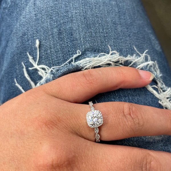 Cushion Cut Wedding Ring Set in Solid 14k/18k White, Dainty Wedding Set ...
