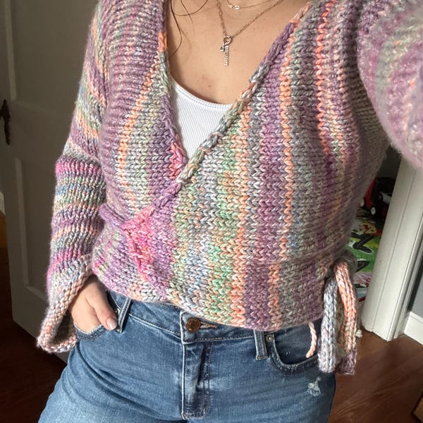 Chunky Wrap Cardigan Knitting Pattern PDF – Cropped Seamless Knit With Wide Sleeves, Sizes UK 6 ...