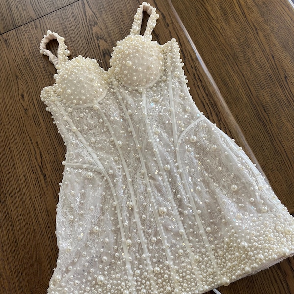 Pearl Embellished Mini Wedding Dress With Sheer Corset Bodice ...