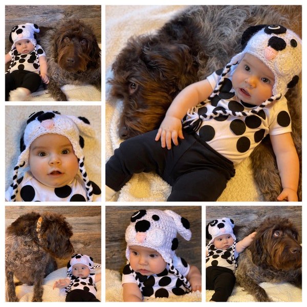 Crochet Dalmation Hat, Spotted Puppy Dog Hat With Ear Flaps, Halloween ...
