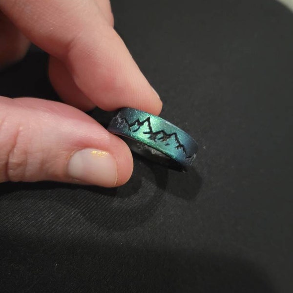 Forest or Mountain Silicone Ring in Iridescent Green or Blue Dual Layer ...