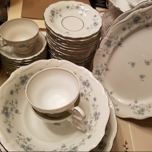 Blue White Fine China Dinnerware Set Blue Floral Design Rimmed Platinum ...