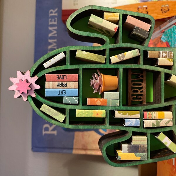 Mini Cactus Bookshelf, 3-D Wood Mini Bookshelf, Book Lover Gift, Mini ...